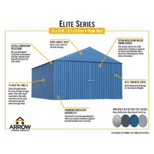 Arrow Elite 12x16 Steel Storage Shed Kit - Anthracite (EG1216AN)